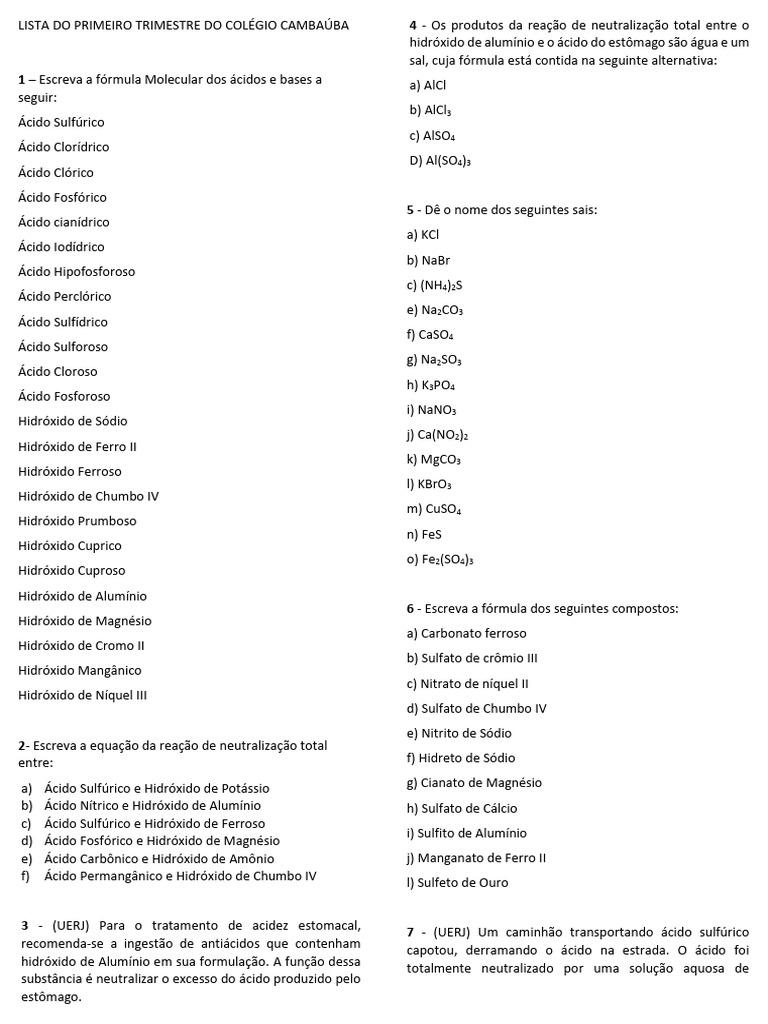 Fórmulas e Reações de Ácidos e Bases | PDF | Ácido sulfúrico | Ácido