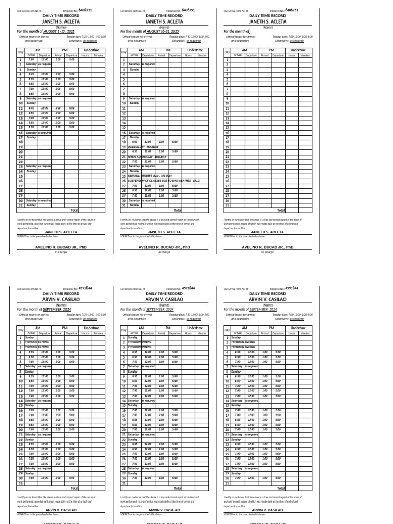 Daily Time Record for Civil Service Employees | PDF | Observances ...