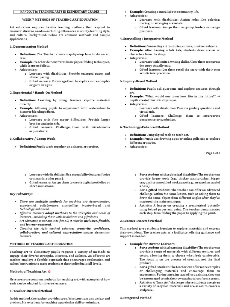 Week 7 HANDOUT in EdArts Methods of Teaching Art Education | PDF | Learning | Teachers