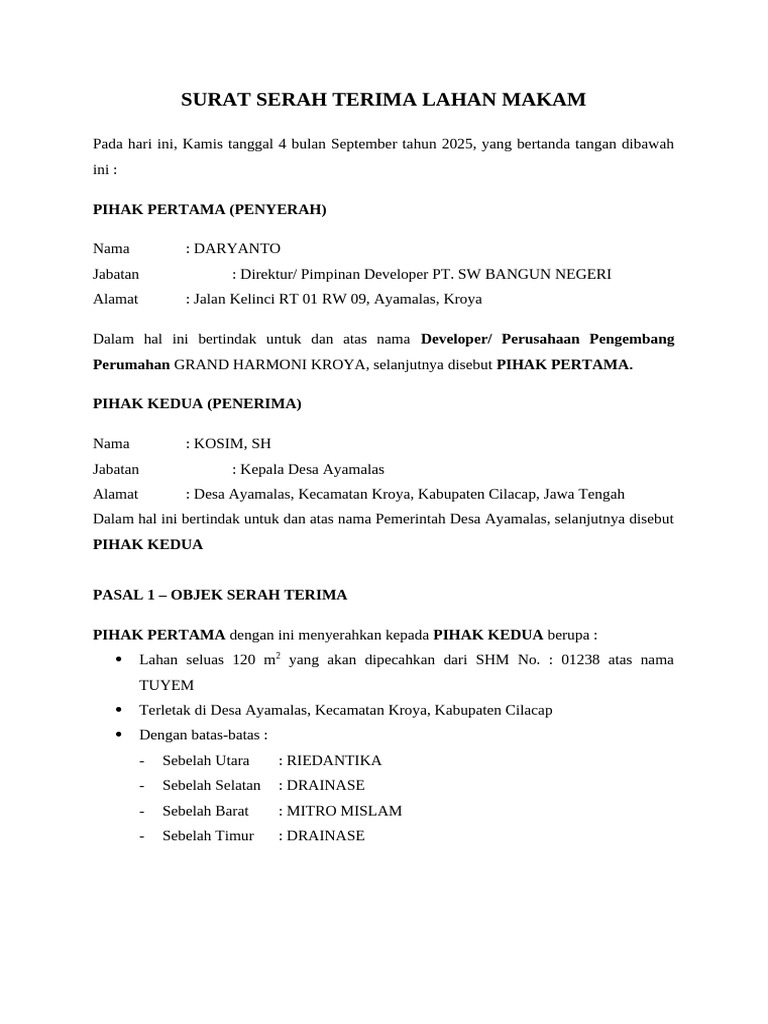 Serah Terima Lahan Makam Ayamalas | PDF