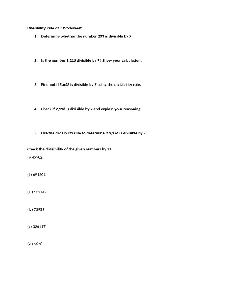 Divisibility by 7 Worksheet | PDF