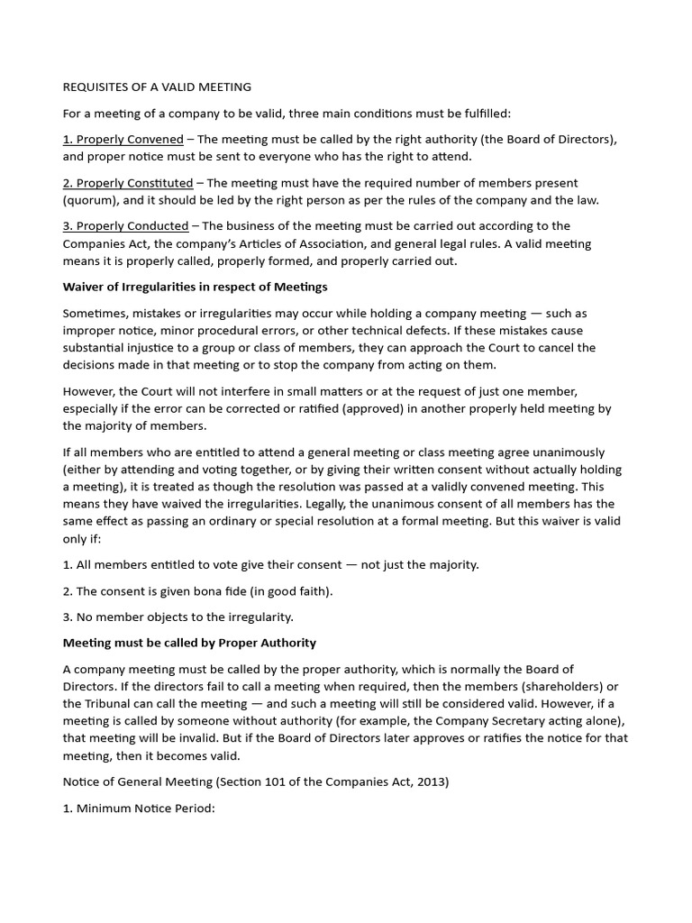 Essentials for Valid Company Meetings | PDF | Proxy Voting | Quorum