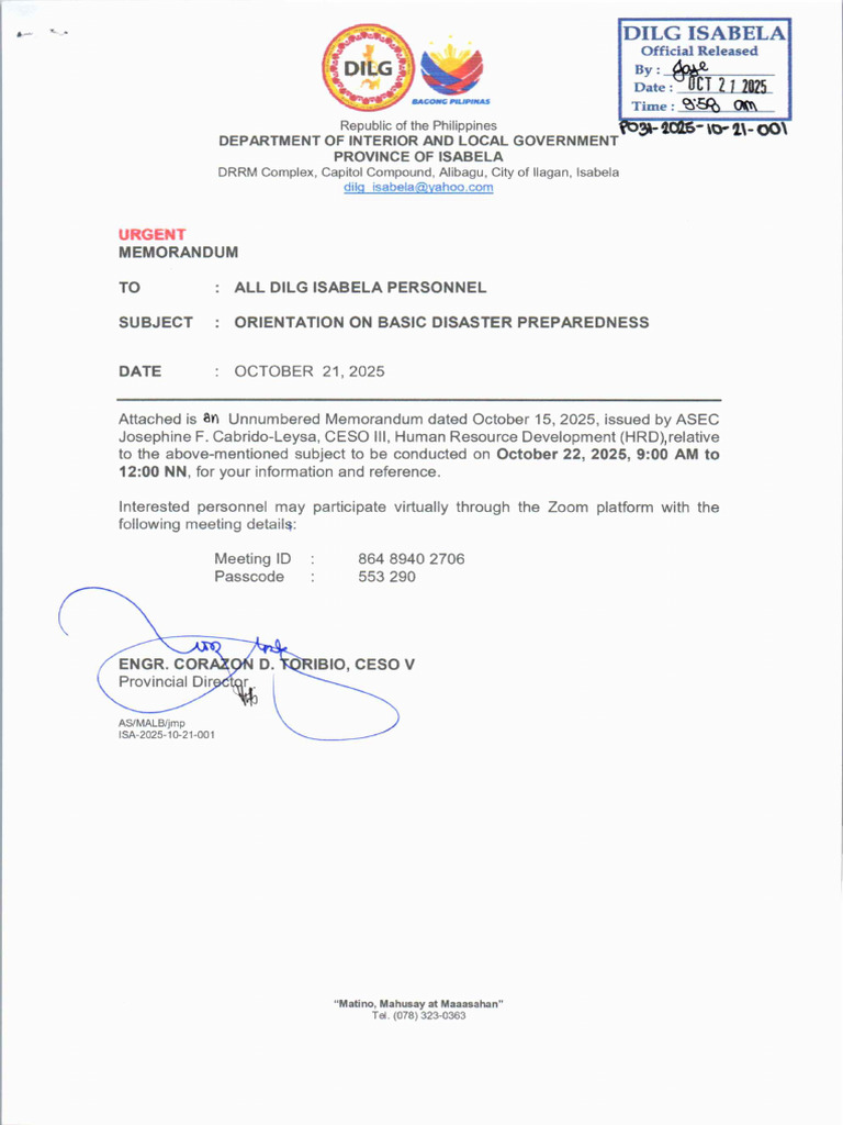 Urgent Memo Re Orientation On Basic Disaster Preparedness | PDF