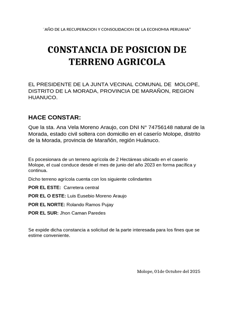 Constancia de Posesión Agrícola en Molope | PDF