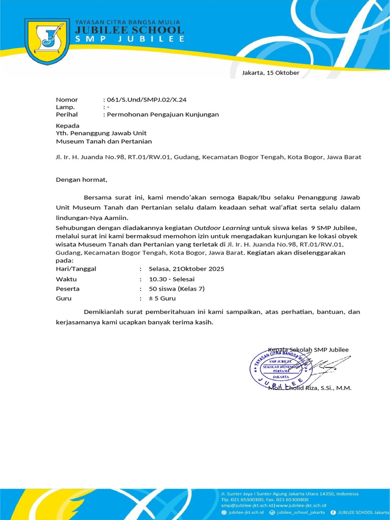 Permohonan Kunjungan Museum SMP Jubilee | PDF