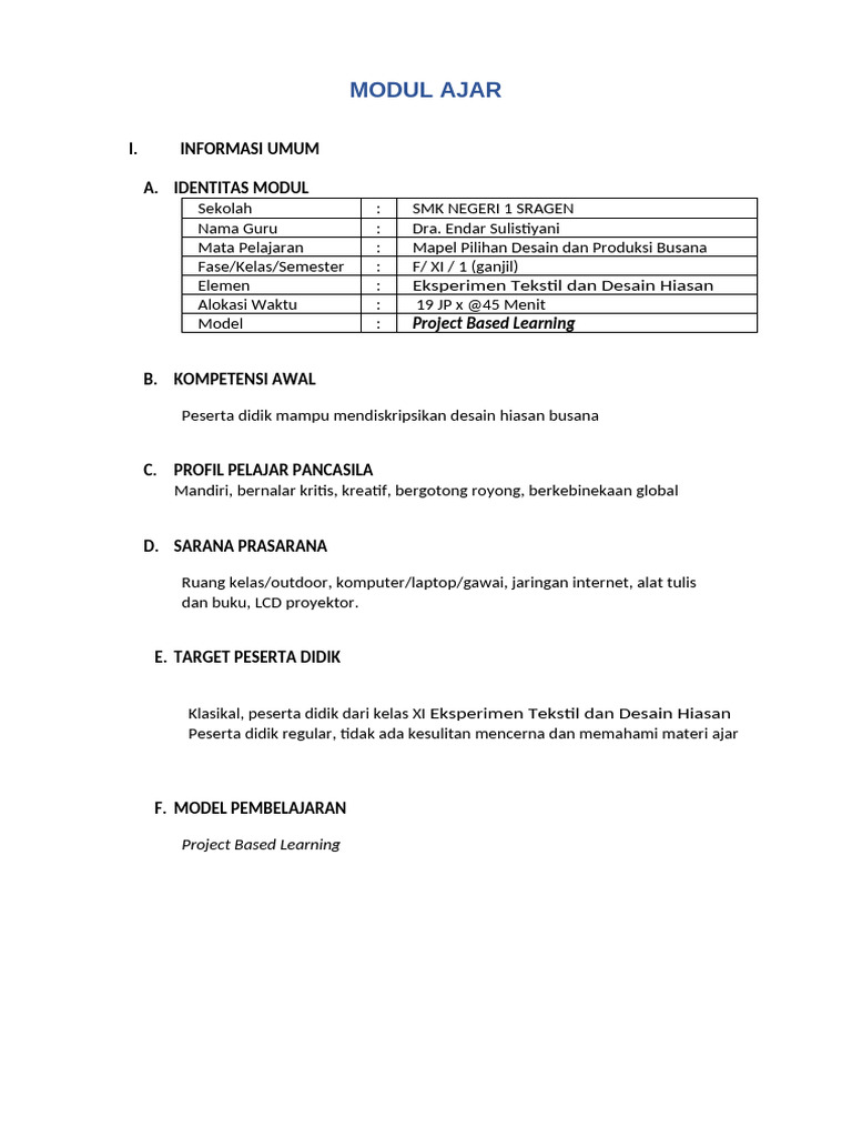 MODUL AJAR Mapel Pilihan Busana | PDF