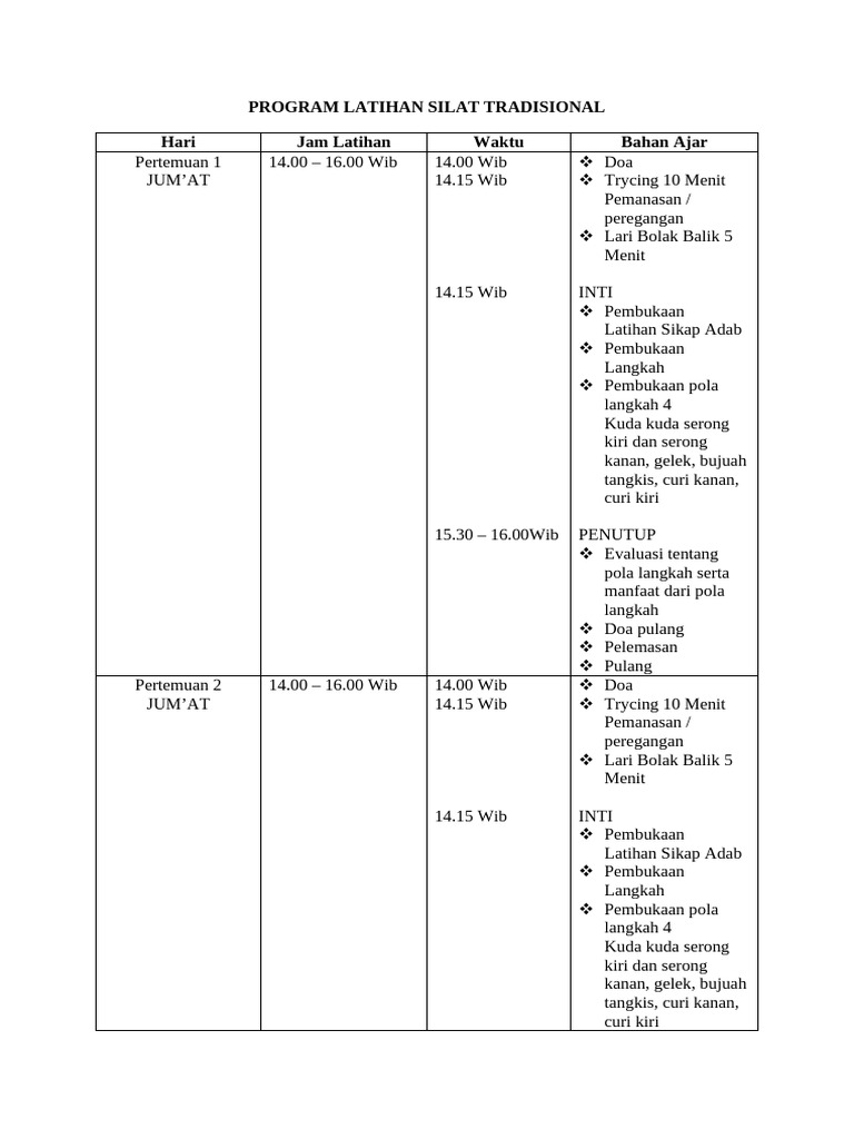 Jadwal Latihan Silat Tradisional | PDF