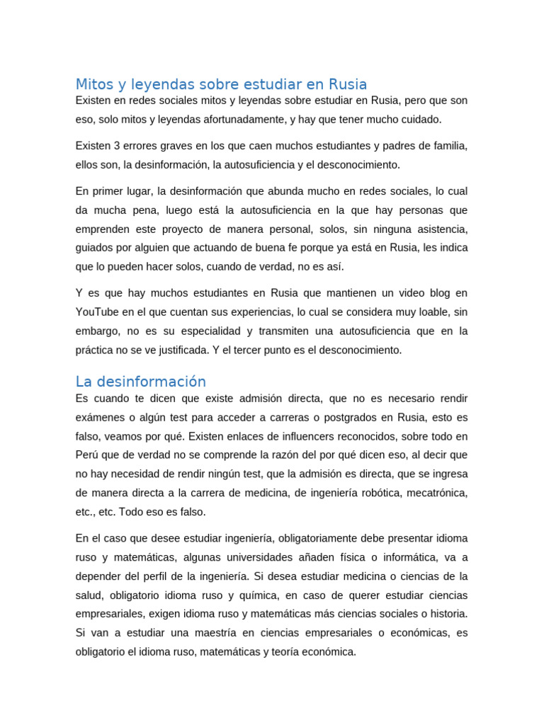 Mitos sobre estudiar en Rusia: Realidad y Errores | PDF | Science | Rusia