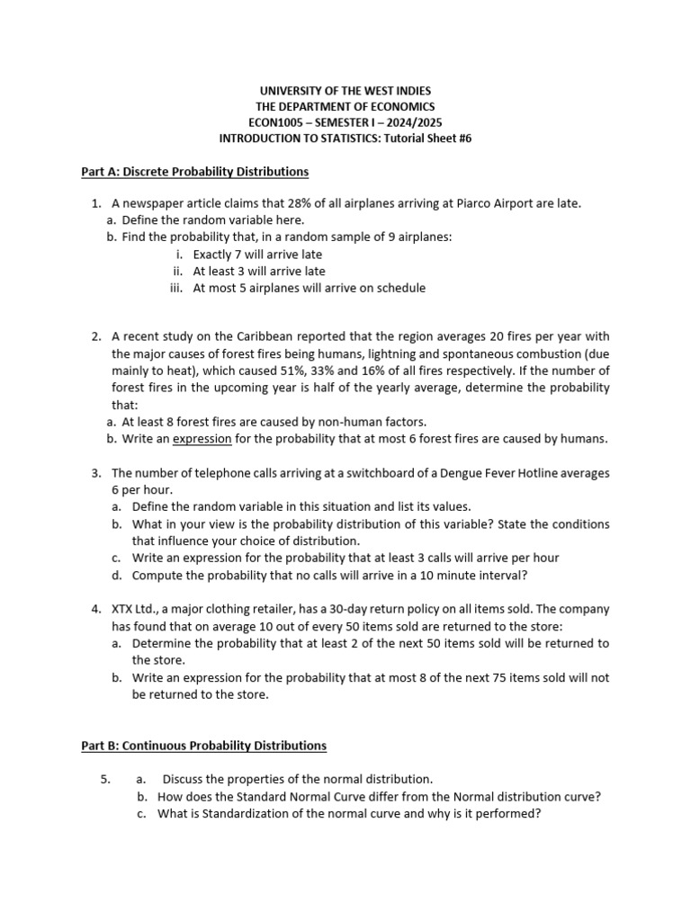 ECON1005 Tutorial Sheet 6 | PDF | Probability Distribution | Normal ...