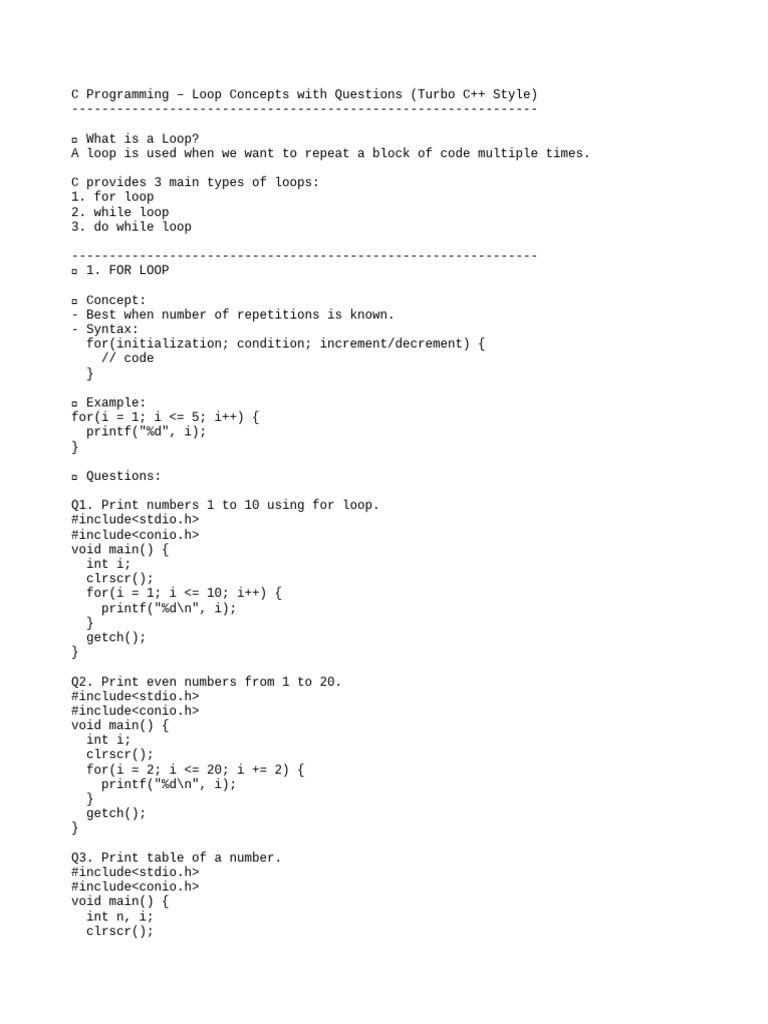 C Loops Concepts and Questions | PDF | Software Engineering | Computing
