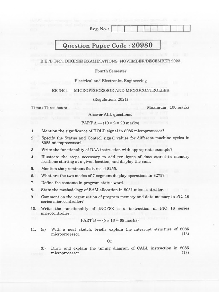 Microprocessor and Microcontroller - EE3404 2021 Regulation - Semester Question Paper 2023 Nov ...