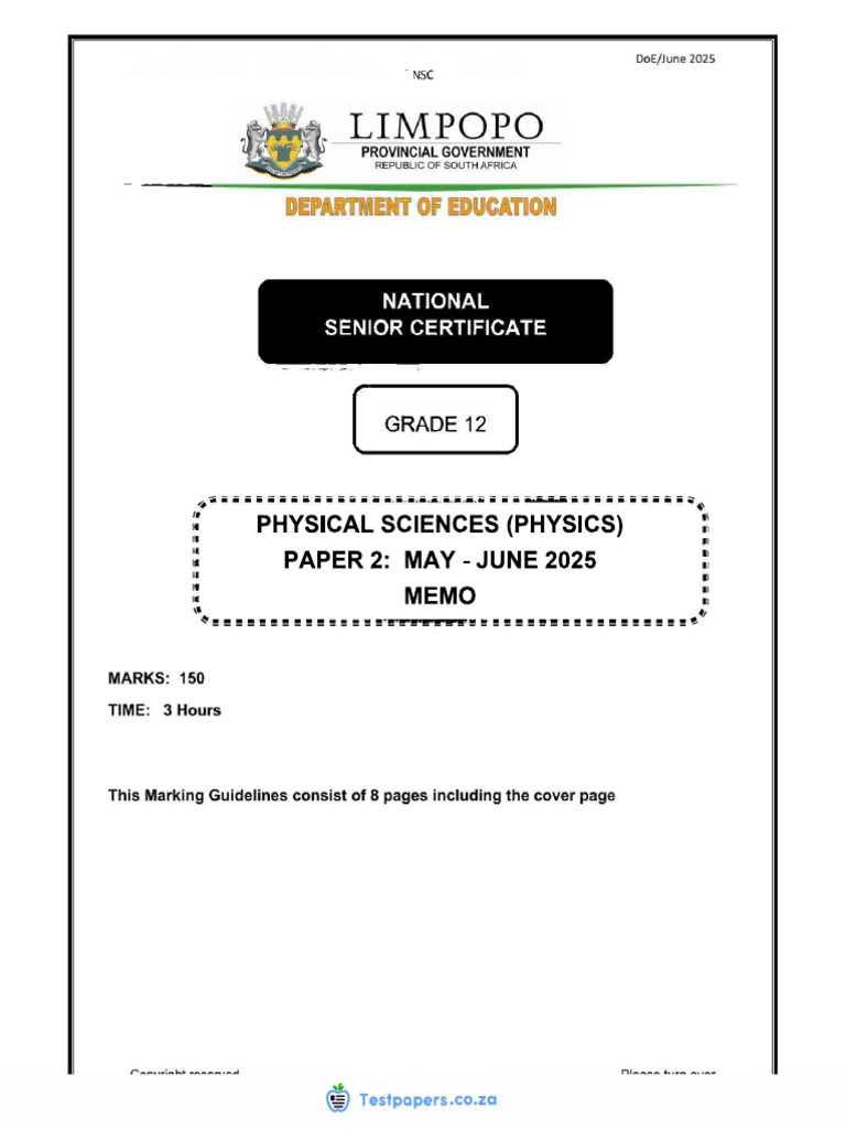 Physical Sciences Physics Grade 12 NSC MEMO P2 May June 2025 Limpopo | PDF