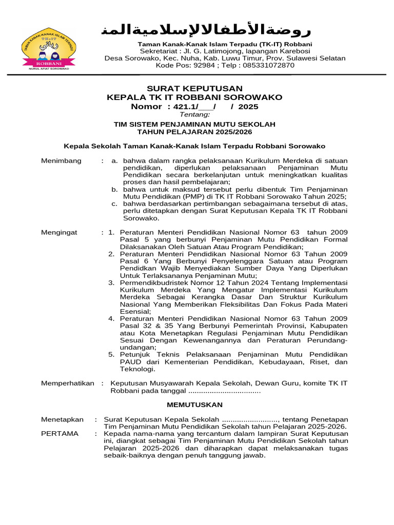 Tim Penjaminan Mutu TK IT Robbani 2025 | PDF