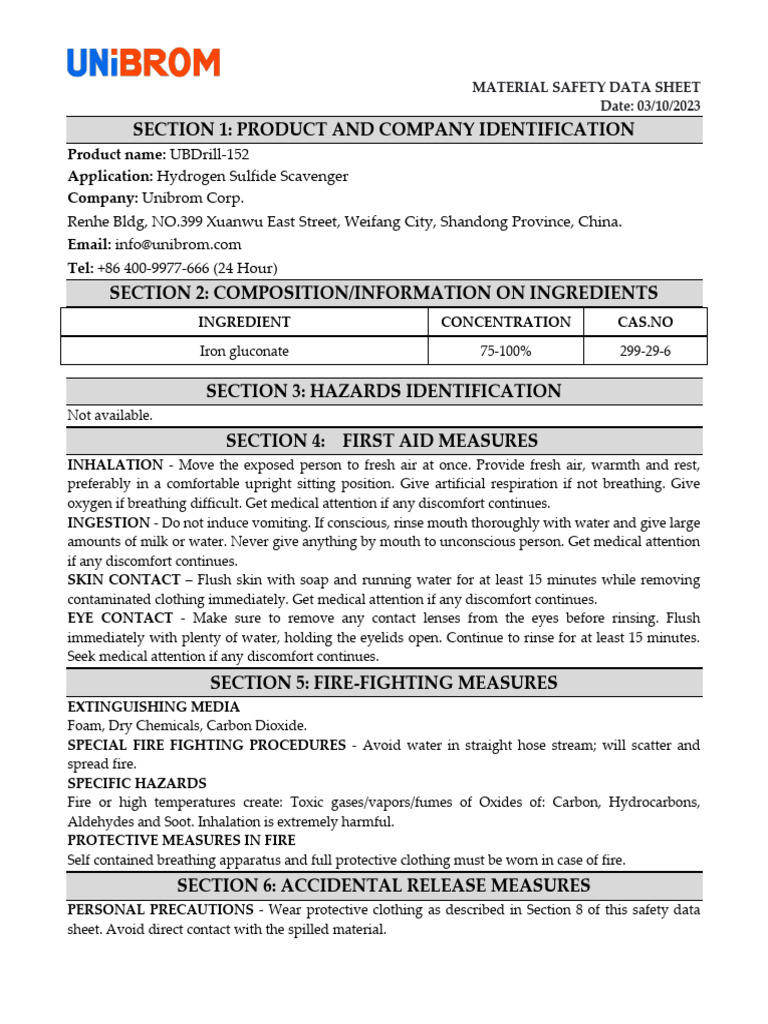 Sulfide Scavenger Additive for Drilling Fluid UBDrill-152-MSDS-En | PDF ...
