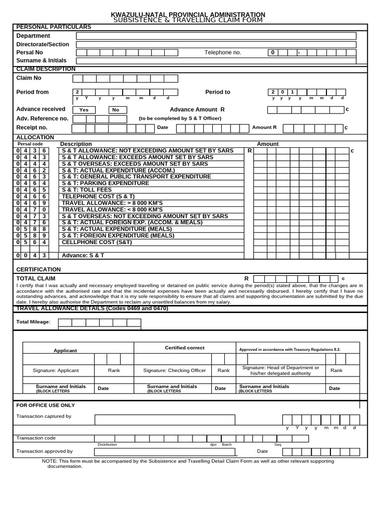 NEW KZN S&T TRAVELLING CLAIM FORM (SARS Compliant) - 3 | PDF