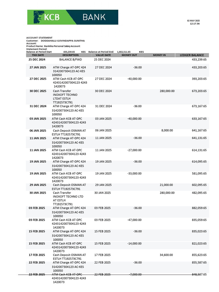 Sunitha Kenya Kcb Salary Statement | PDF | Financial Services | Payments