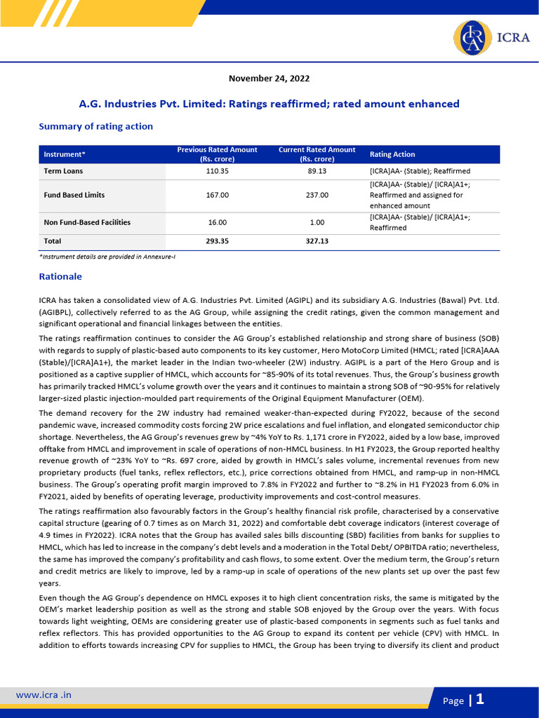 A.G. Industries Rating Reaffirmation Update | PDF | Debt | Business
