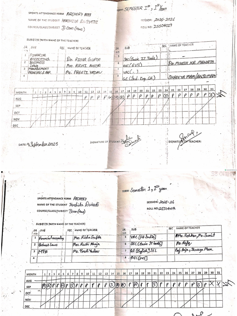 HARSHITA DWIVEDI Sports Attendance | PDF