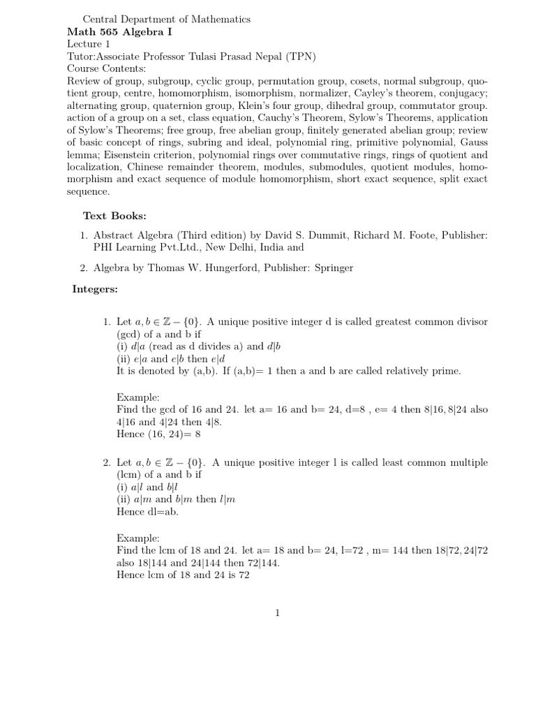 Algebra I Lect-1 | PDF | Group (Mathematics) | Ring (Mathematics)