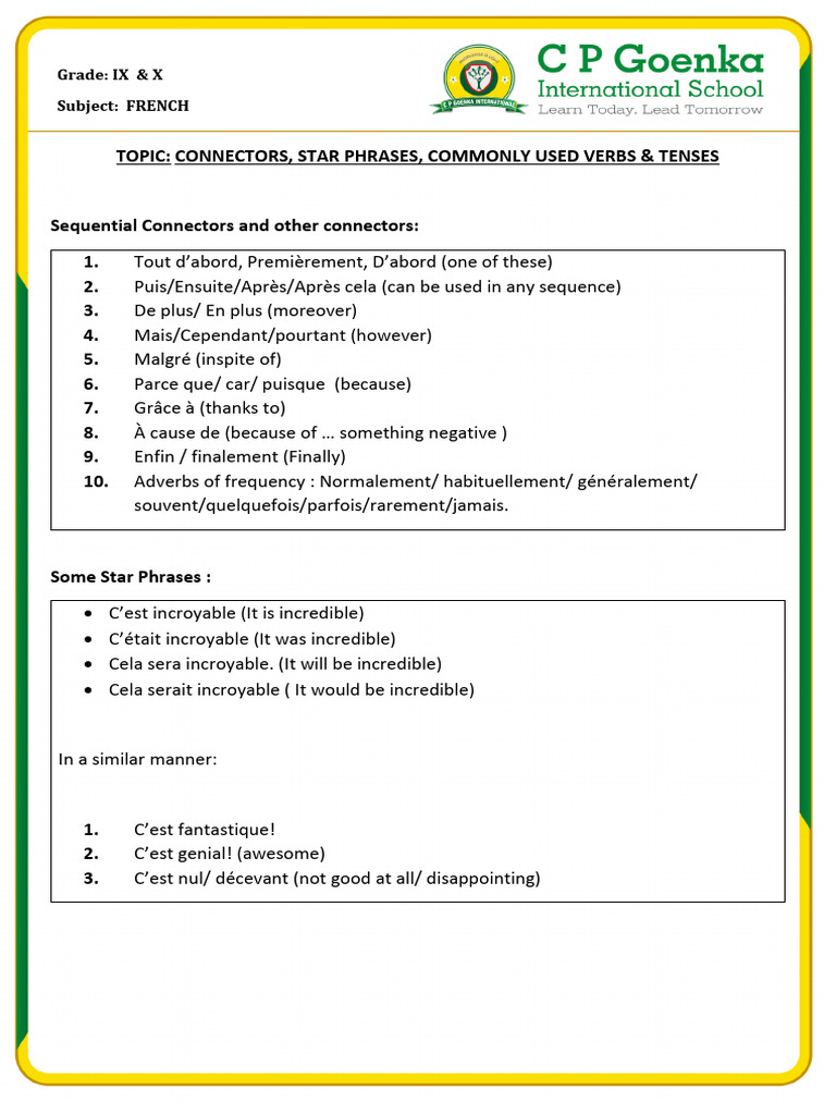 Connectors Star Phrases Commonly Used Tenses Verbs | PDF | Grammaire ...
