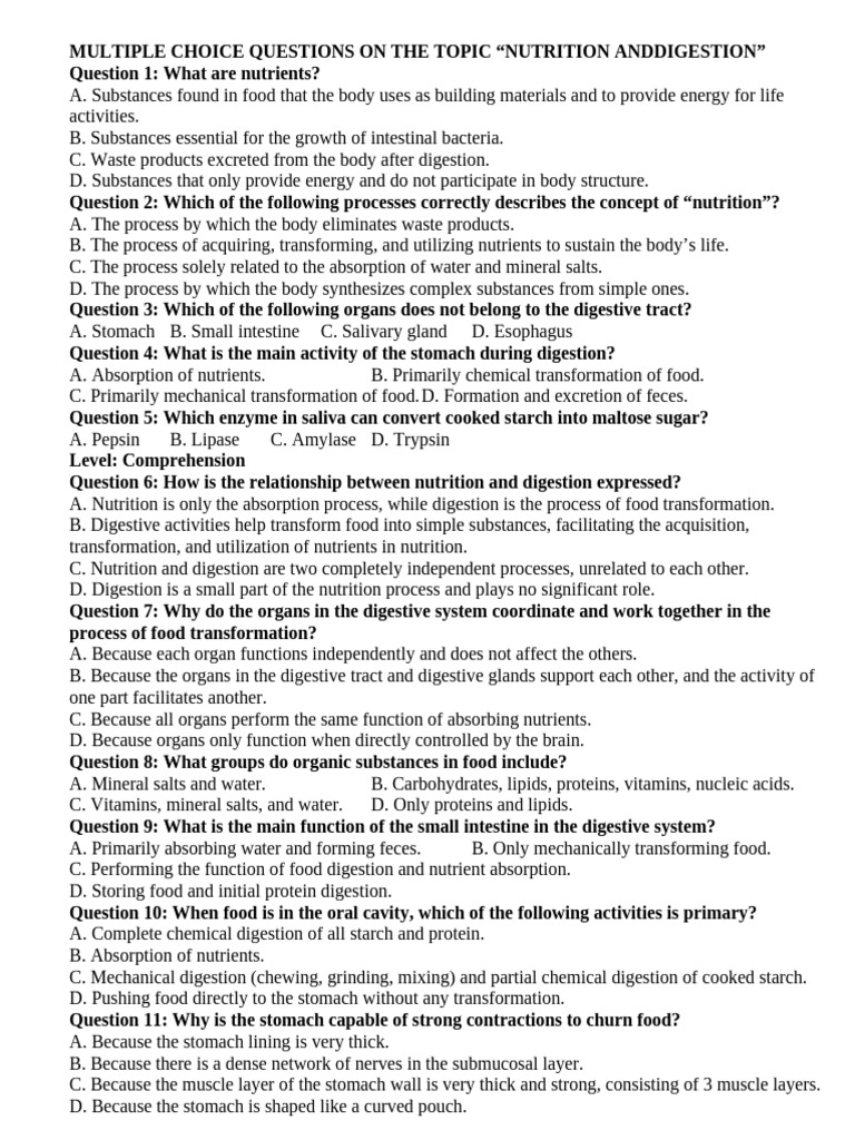 Nutrition and Digestion Quiz Questions | PDF | Digestion | Stomach