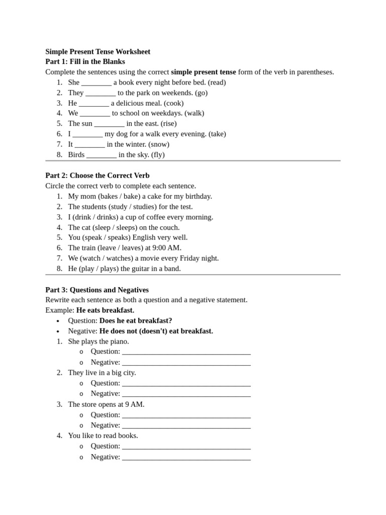 Simple Present Tense Practice Worksheet | PDF