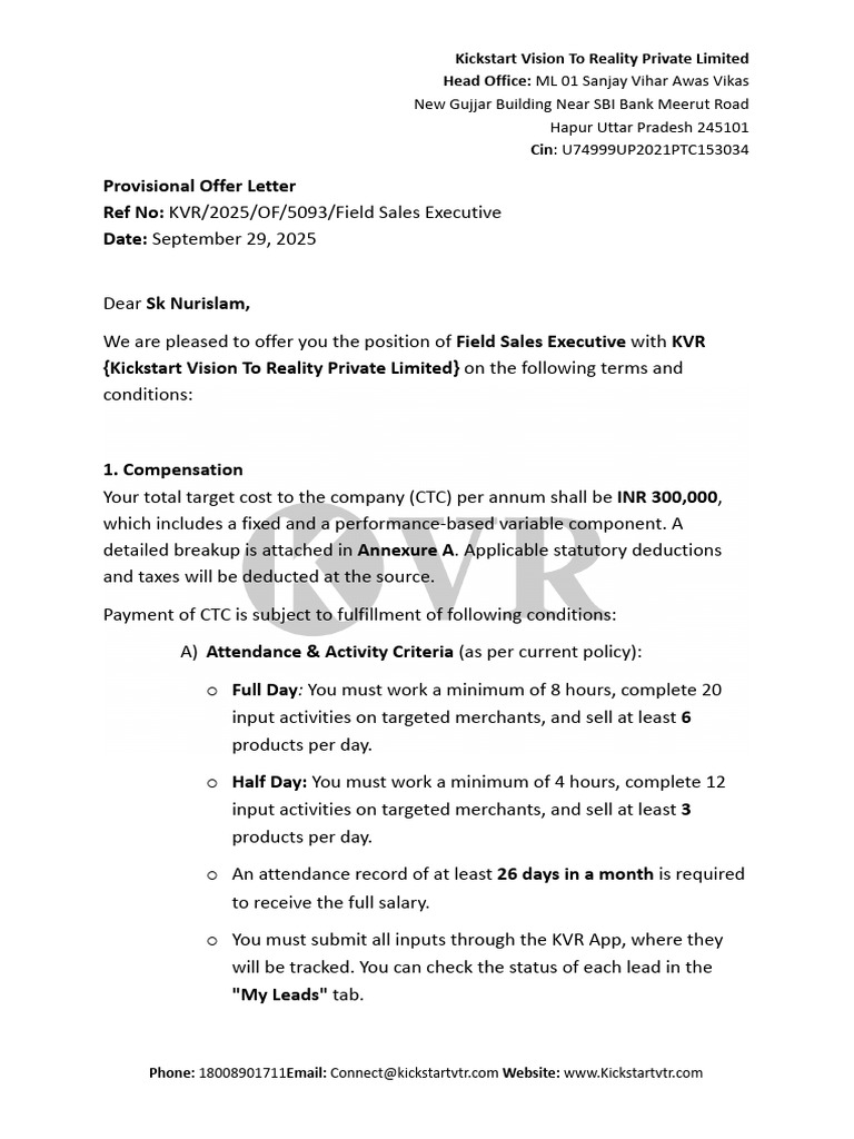 Field Sales Executive Offer Letter | PDF