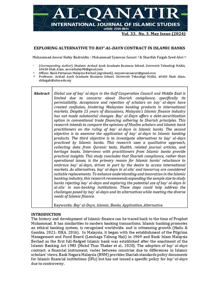 Exploring Alternative To Bay' Al-Dayn Contract in Islamic Banks | PDF ...