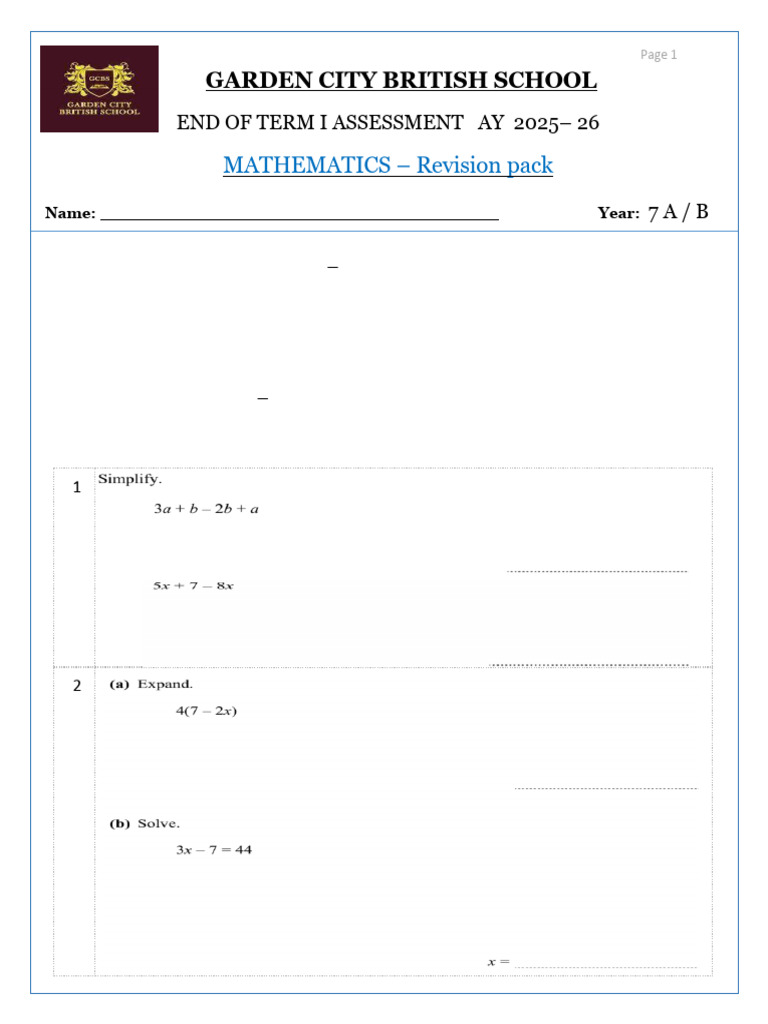 Y7 Math T1 EOT Revision Pack | PDF