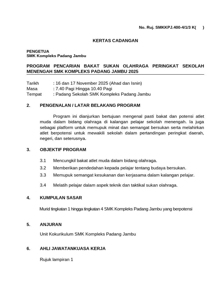 Program Pencarian Bakat Sukan 2025 | PDF