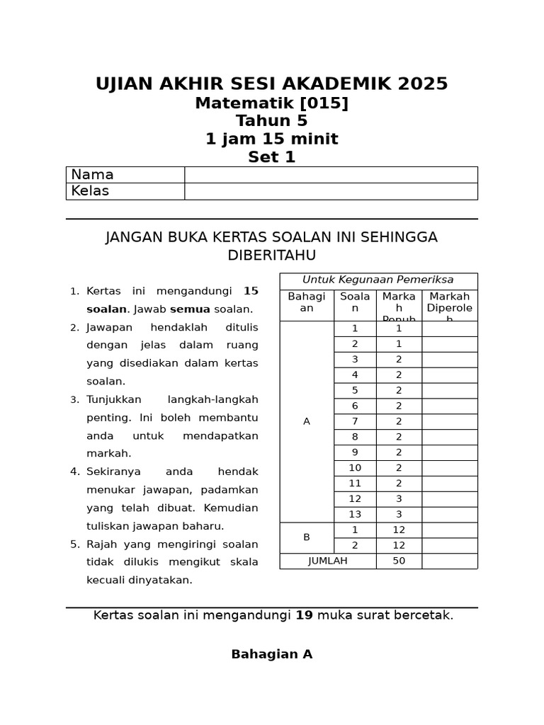 Soalan - Set 1 Matematik SK Tahun 5 (UASA 2025) | PDF