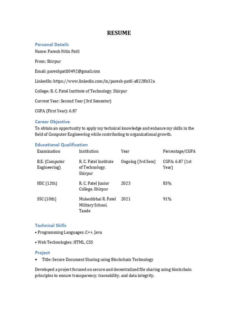Paresh Nitin Patil Resume | PDF
