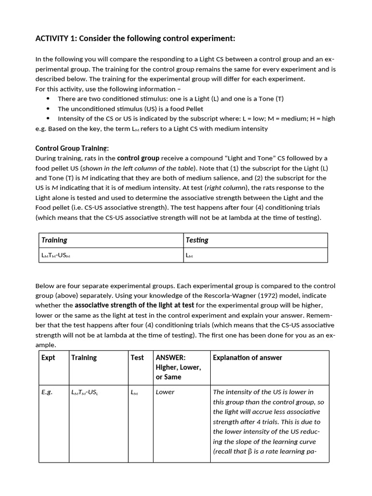 Week 3 Online Tutorial Rescorla-Wagner Activity 2 | PDF | Classical ...