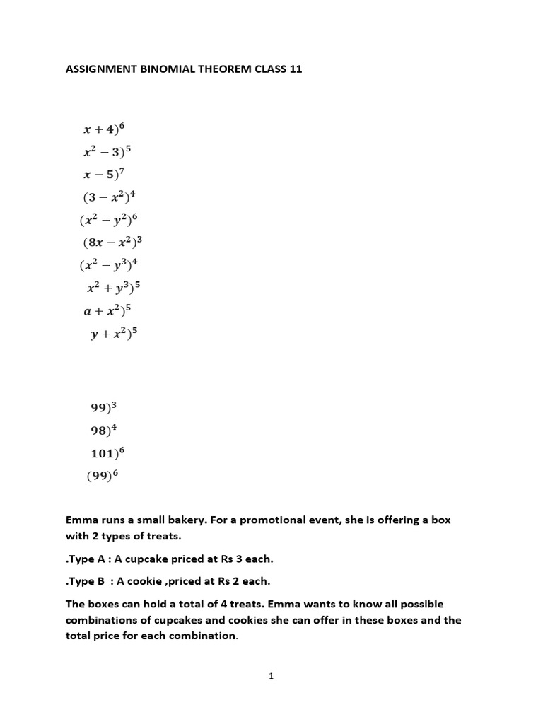 Assignment Binomial Theorem Class 11 (1) | PDF