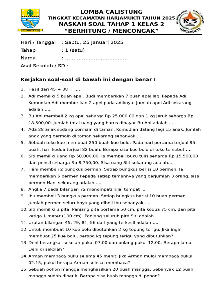 Soal Lomba Calistung Kelas 2 2025 | PDF