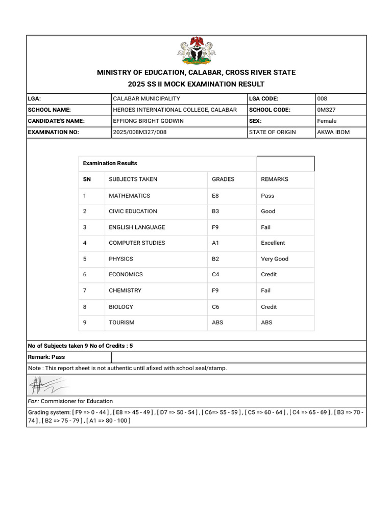 Mock Examination Results - Cross River State Ministry of Education | PDF