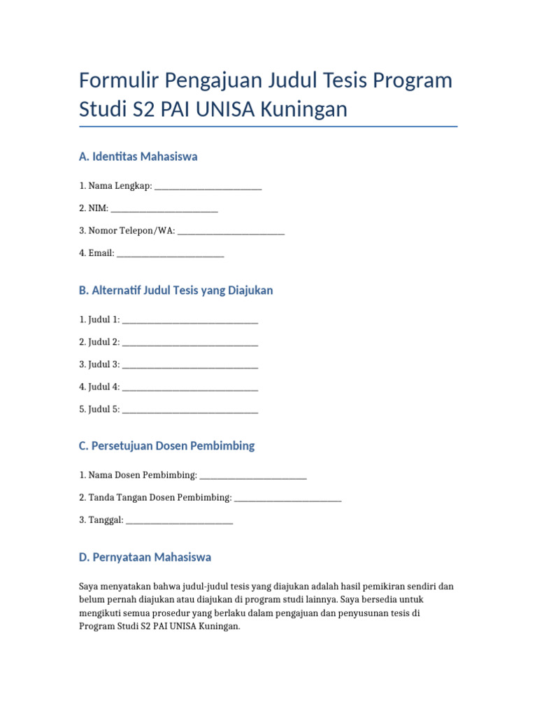 Formulir Pengajuan Judul Tesis S2 PAI UNISA Kuningan | PDF