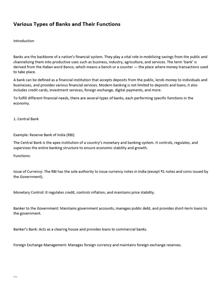 Various Types of Banks and Their Functions | PDF | Banks | Money