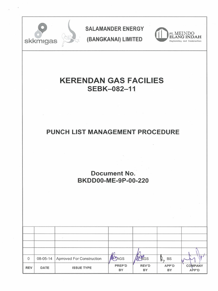 BKDD00-ME-9P-00-220 Rev.0 - Approved Punch List Management Procedure | PDF