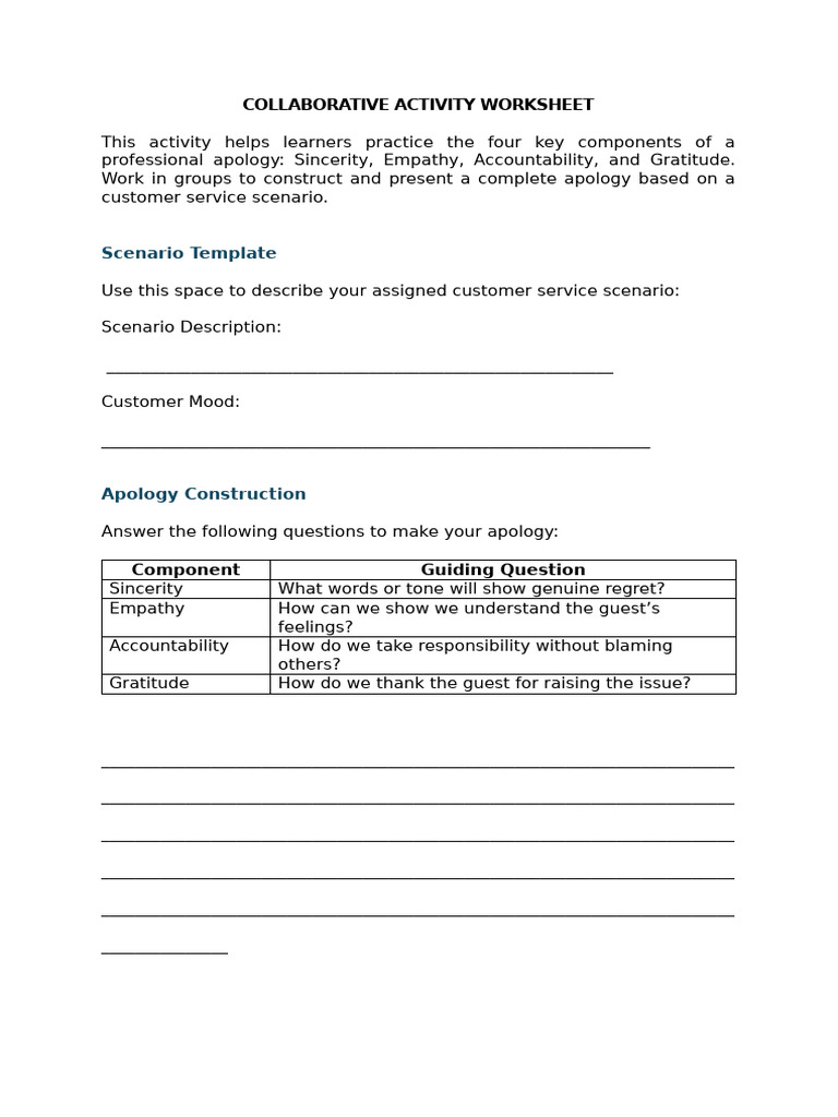 Collaborative Apology Activity Worksheet | PDF