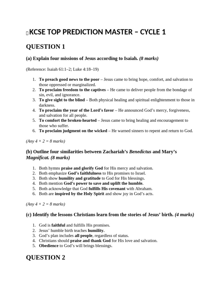 CRE Paper 2 KCSE Prediction Answers | PDF | Jesus | John The Baptist