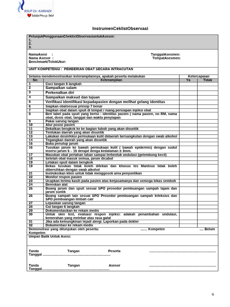 Ceklist Observasi Pemberian Obat Intracutan | PDF