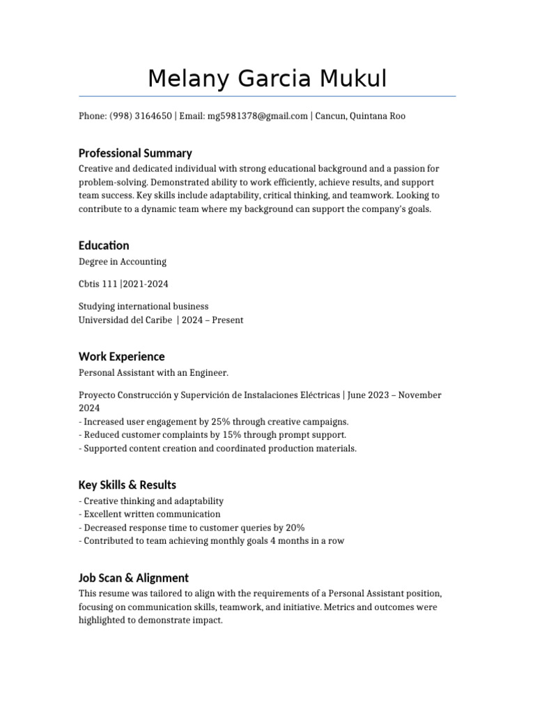 Melany Garcia Mukul: Personal Assistant Resume | PDF