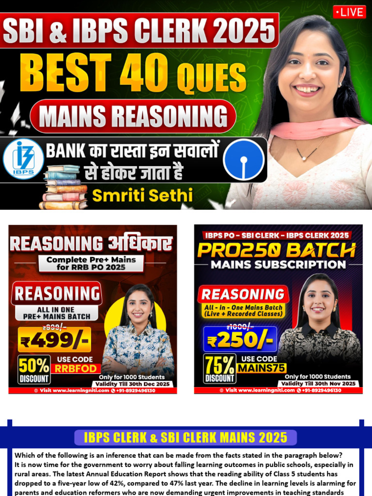 Best 40 Best Mains Reasoning Questions by Smriti Sethi | PDF
