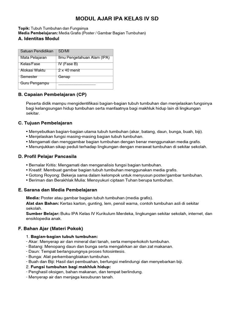 Modul Ajar IPA Kelas IV: Tumbuhan dan Fungsinya | PDF
