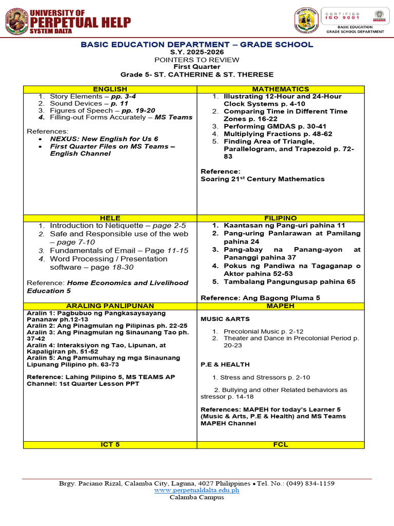 Grade 5 Review Pointers for SY 2025-2026 | PDF