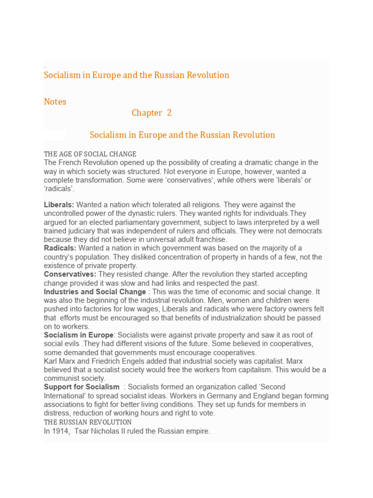 Socialism in Europe & Russian Revolution Notes 2nd Chapter | PDF ...
