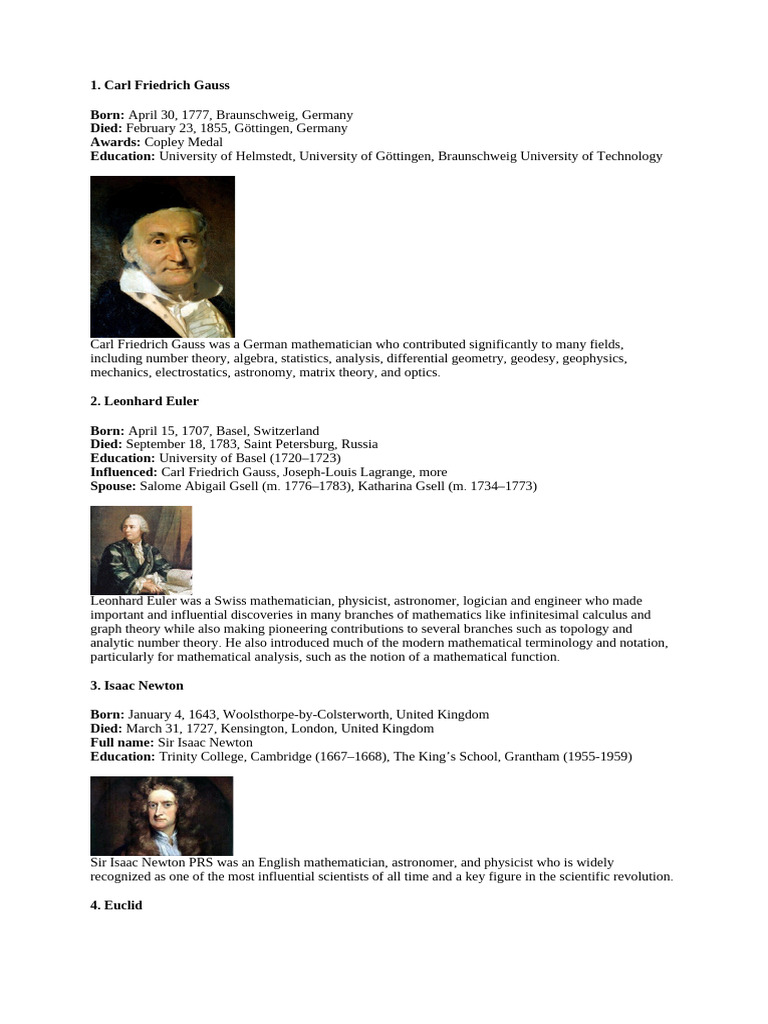 Influential Mathematicians Overview | PDF | Leonhard Euler | Teaching ...