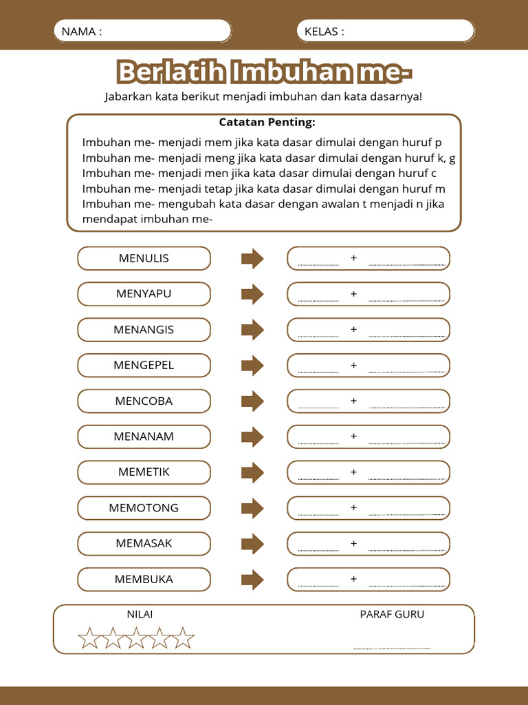 Lembar Kerja Kata Imbuhan Me - Dalam Gaya Minimalis Cokelat - 20251102 ...