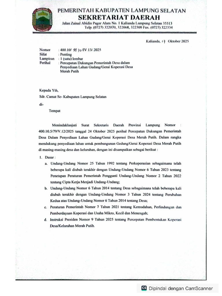 Surat Penyediaan Lahan Gudanggerai Kopdes Merah Putih | PDF